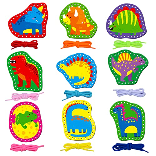 9 Pieces Kids Lacing Cards, Double Sided Sewing Cards in 9 Dinosaurs w ...