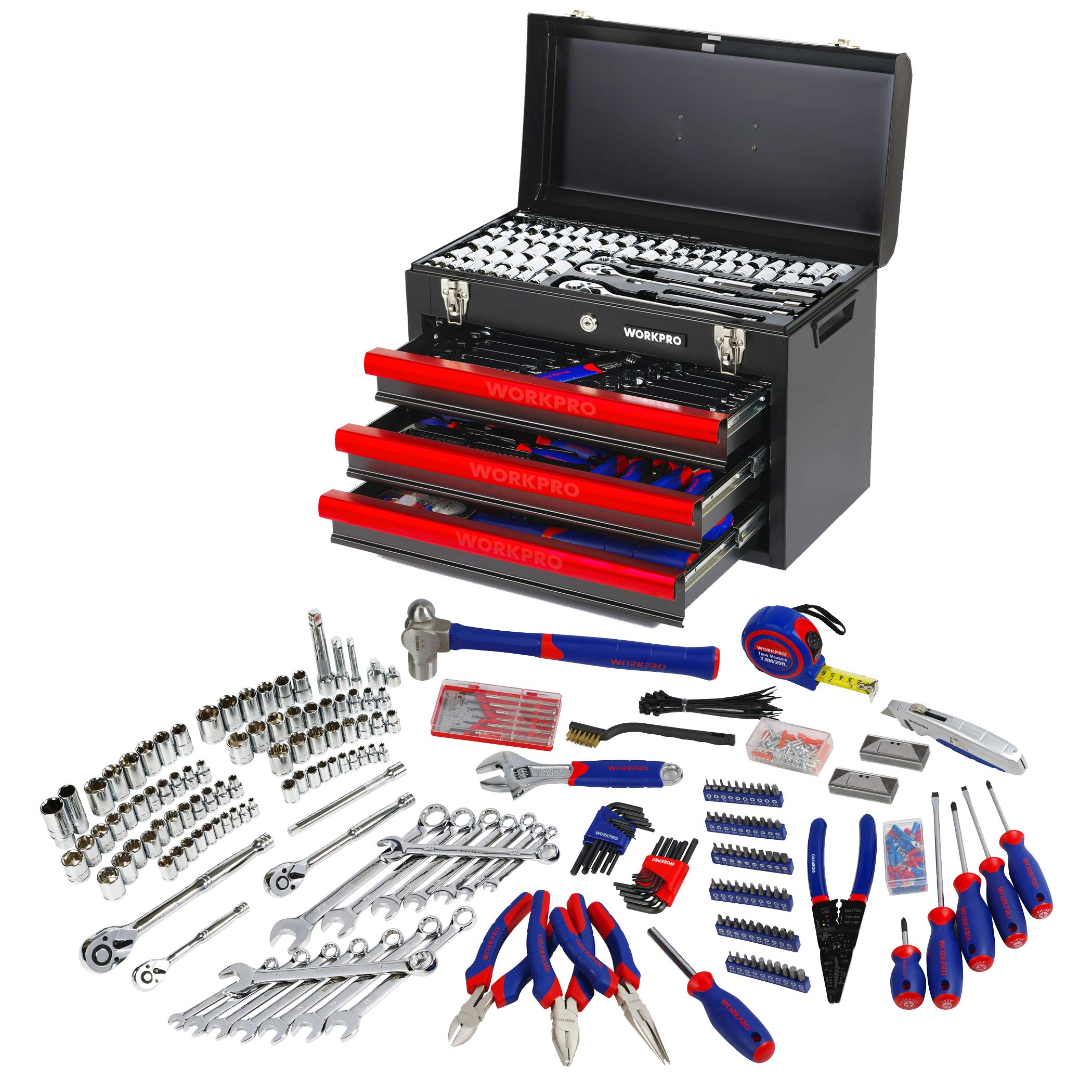 WORKPRO 408-Piece Mechanics Tool Set, General Household Home Repair Tool Kit with 3-Drawer Heavy ...