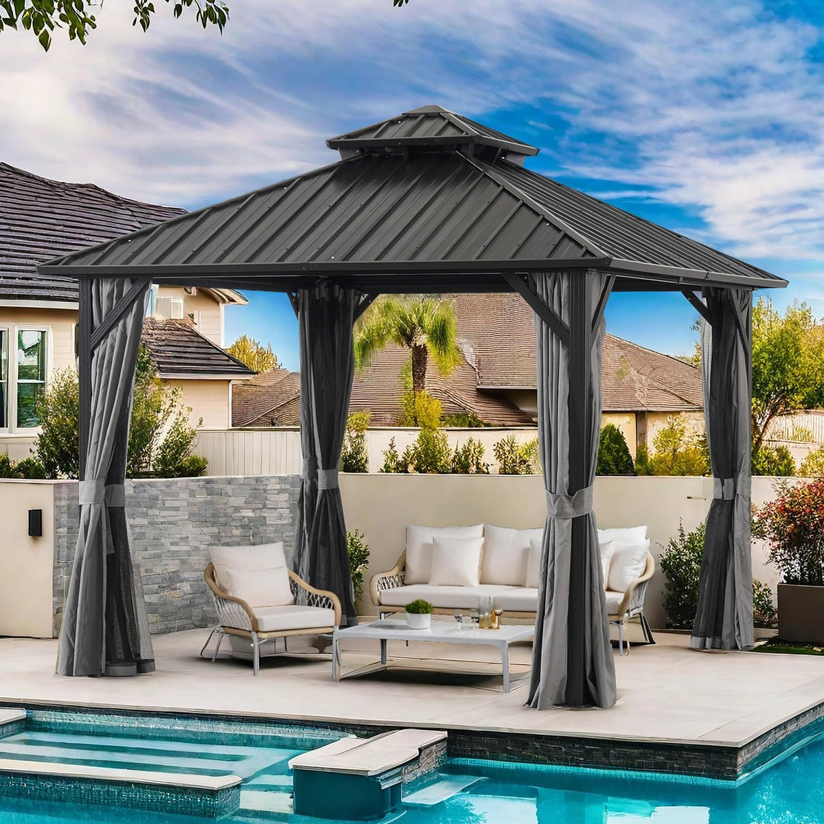 10 * 10FT Patic Gazebo with Steel Canopy,Outdoor Permanent Hardtop Gaz ...
