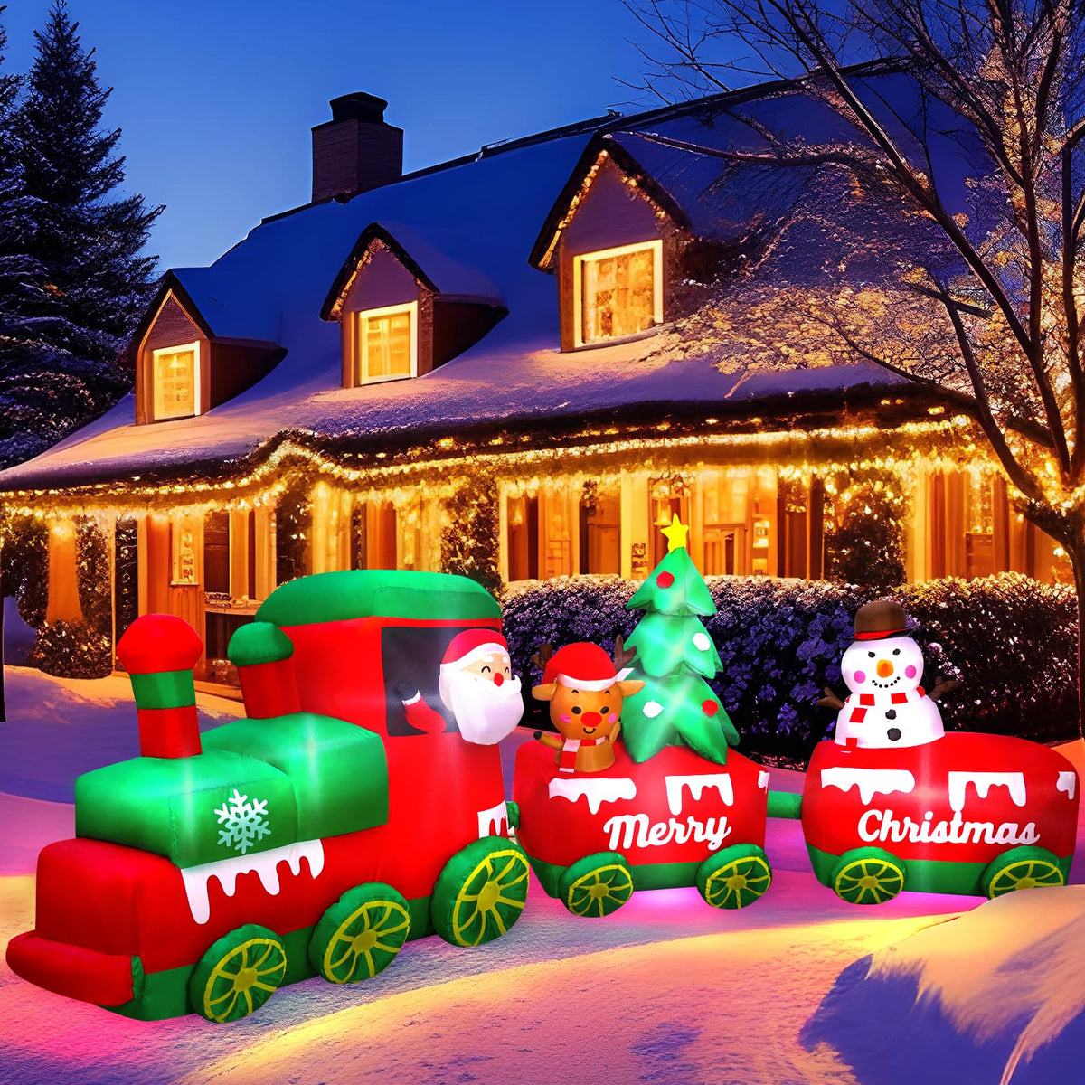 10.7 FT Christmas Inflatables Train with Santa Claus Reindeer Snowman ...