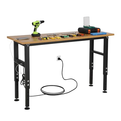 60" Adjustable Workbench with Power Outlet, Heavy Duty 60" x 20" Work ...