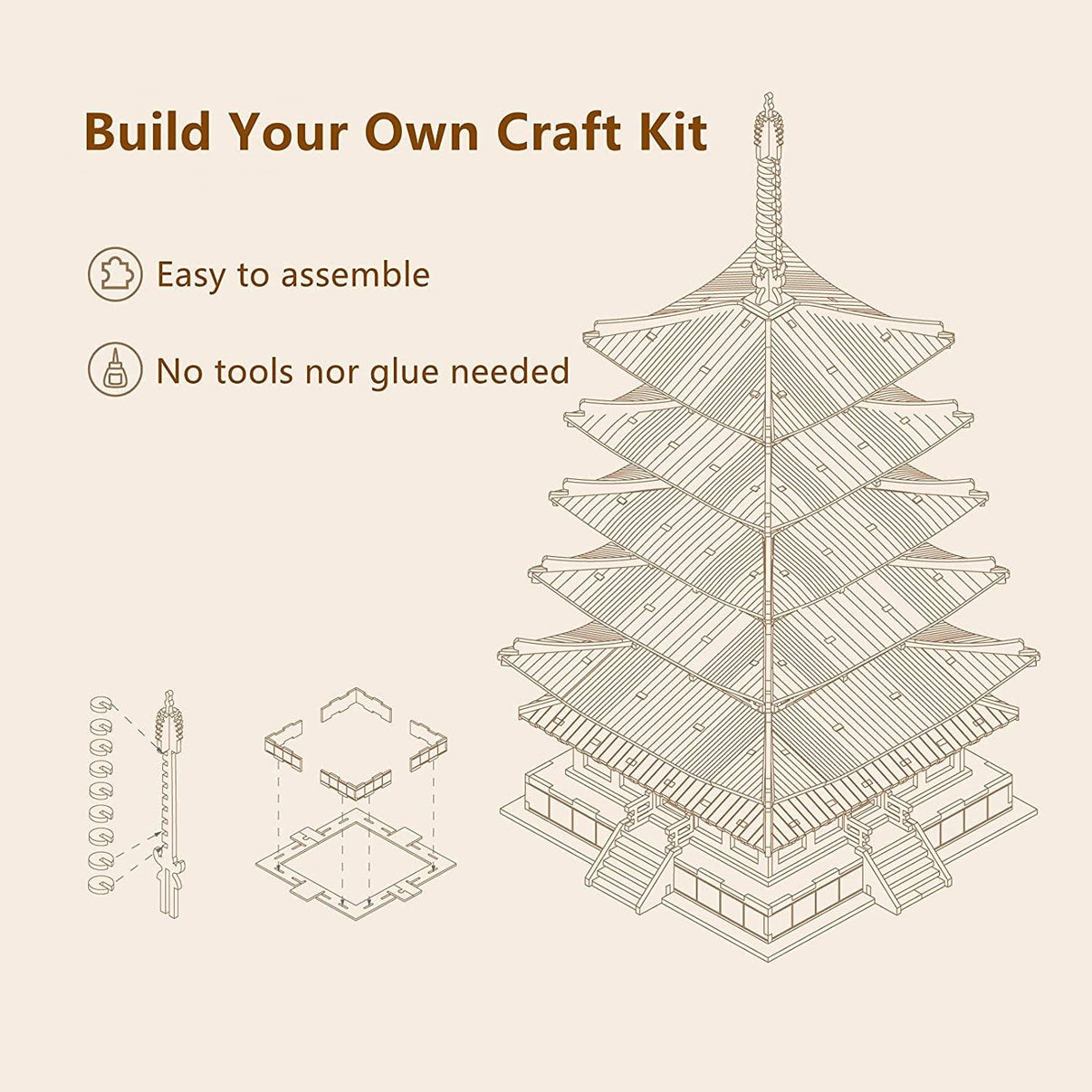 Five-Storied Pagoda 3D Wooden Puzzle Kit - Unique DIY Craft for All ...