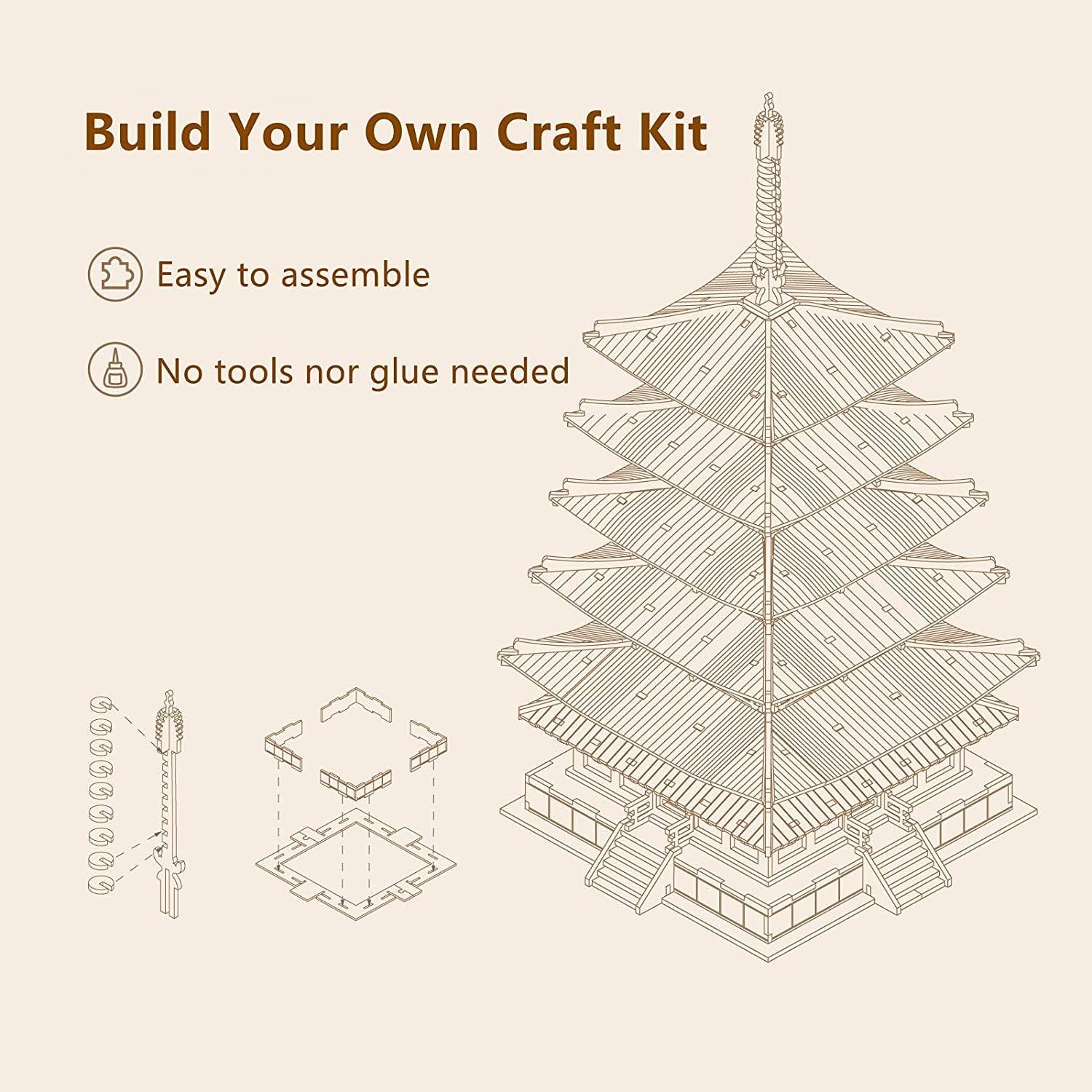 Five-Storied Pagoda 3D Wooden Puzzle Kit - Unique DIY Craft for All ...