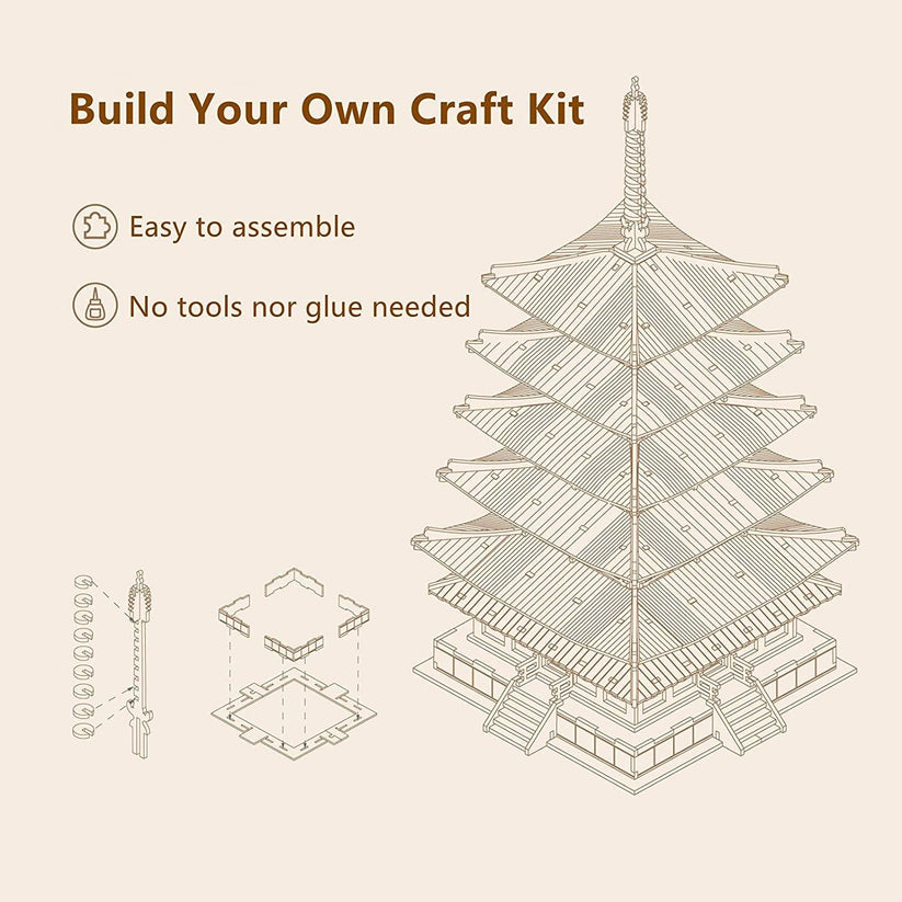 Five-Storied Pagoda 3D Wooden Puzzle Kit - Unique DIY Craft for All ...