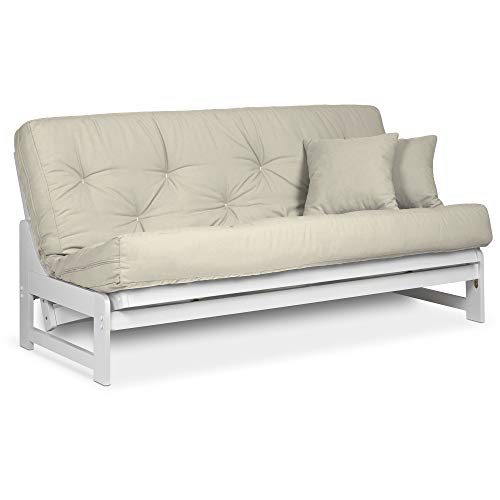Arden White Futon Set Queen Size - Armless Futon Frame with Mattress I ...