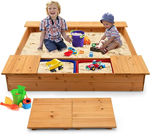 HONEY JOY Kids Sandbox, 49”x47” Cedar Wooden Sand Pit for Toddlers, 2 ...