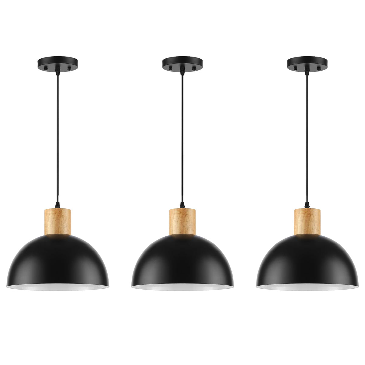 QianZhan Solid Wood Pendant Light 3 Pack, Modern Matte Black Pendant L ...
