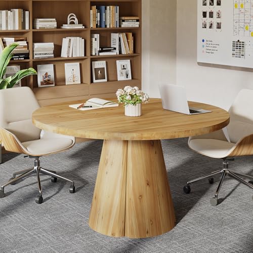 TRIBEWOOD 47.24" Solid Wood Conference Table, Rustic Round Meeting Tab ...