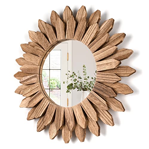 Honiway Wall Mirror Decorative 12 inch Rustic Wood Mirror Sunburst Boh ...