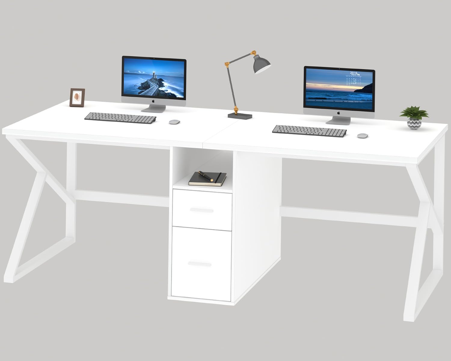IBF White Two Person Computer Desk, Long Wood Writing Study Desk with ...