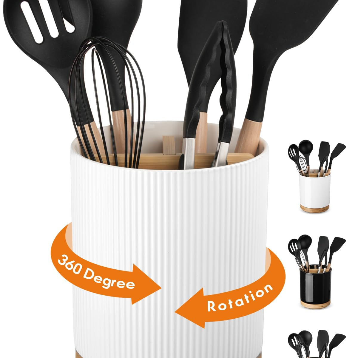 LoeJan 3 Compartment Utensil Holder, 7.2" Extra Large Utensil Crock, S ...