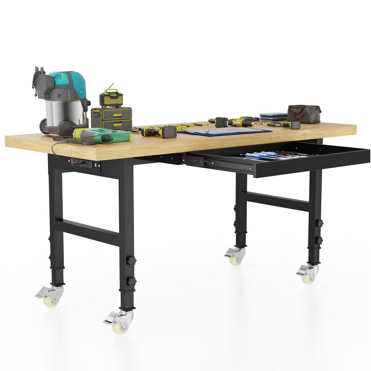 60'' Adjustable Workbench, Work Bench Table with Wheels and Power Outl ...