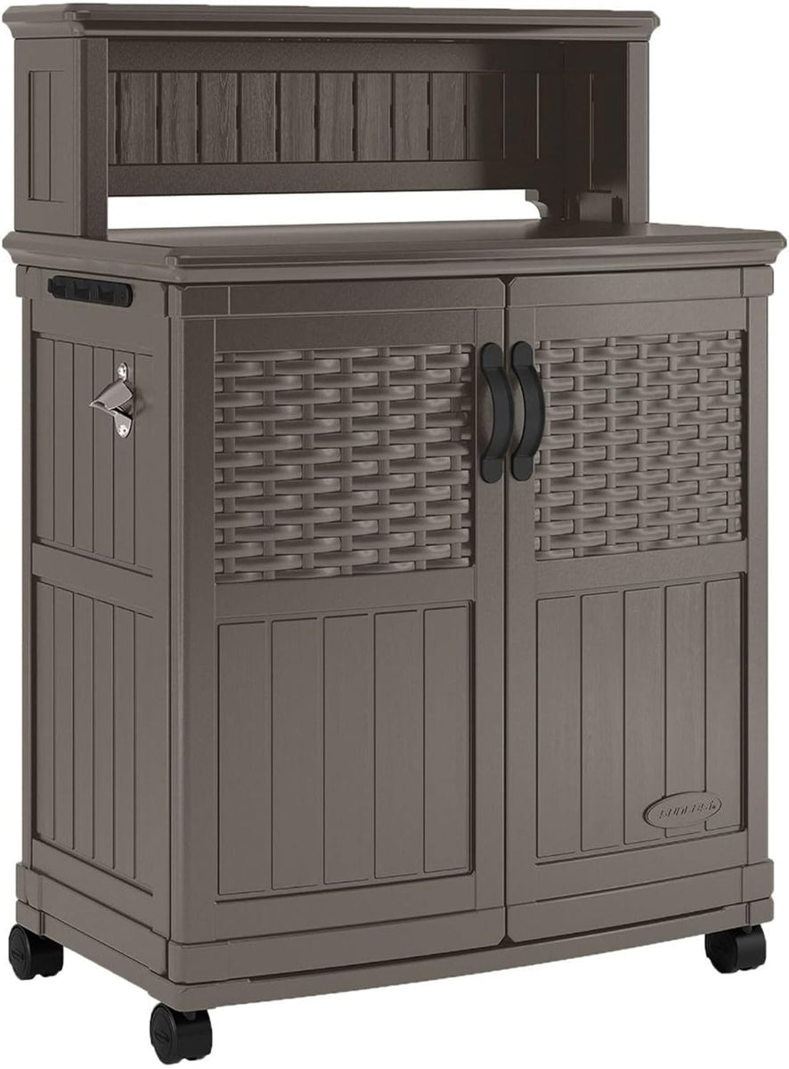 Suncast Patio Plastic Storage and Prep Station with Decorative Wicker ...
