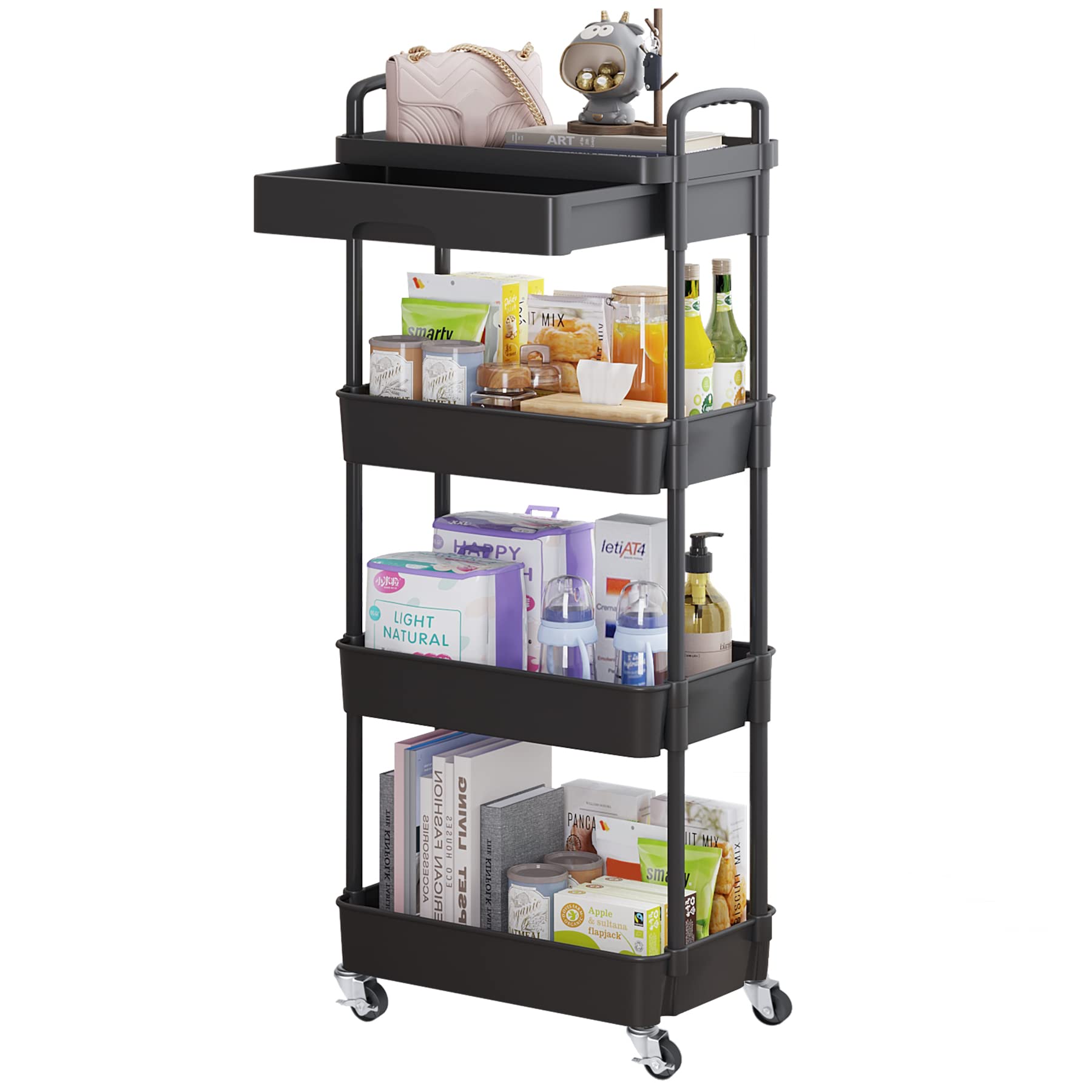 Calmootey 4-Tier Rolling Utility Cart with Drawer,Multifunctional ...