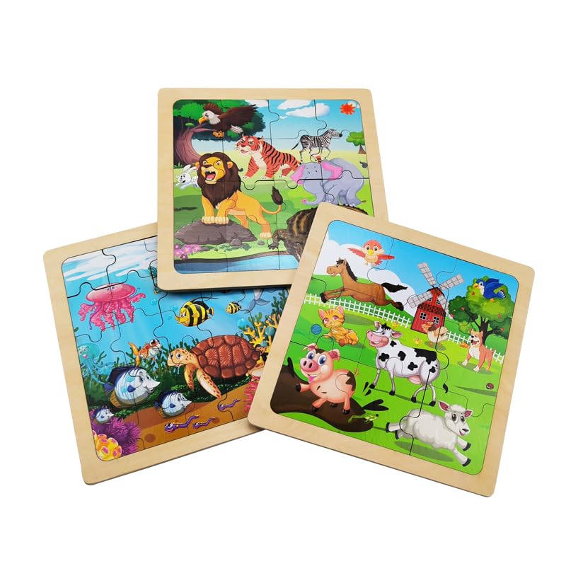 Wooden Jigsaw Puzzle Set of 3 pcs, Farm Jungle and Sea Animals Level u ...
