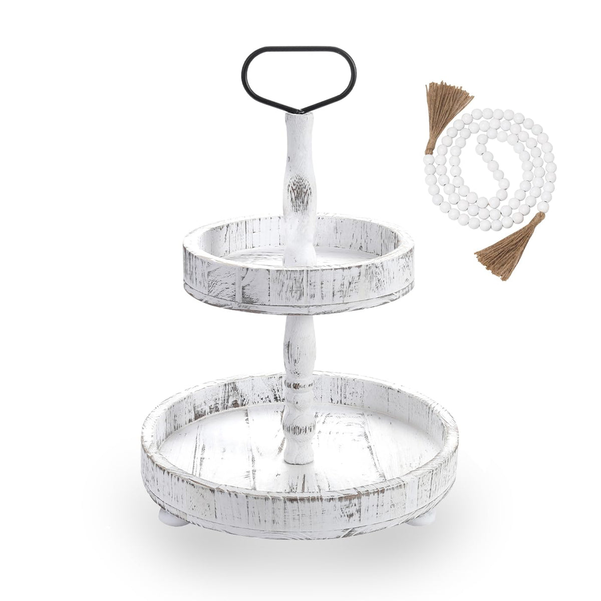 Luxspire Tiered Tray Stand, 2 Tiered Tray Decor with Wooden Beads Garl ...