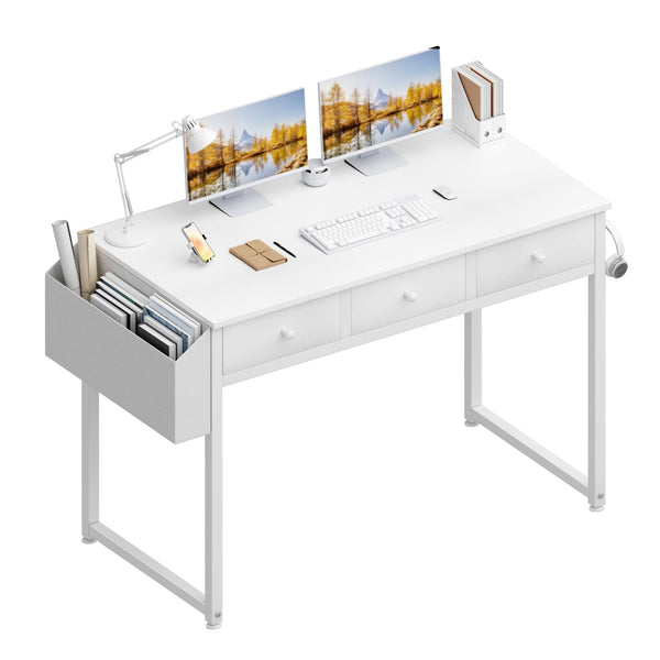 Lufeiya Small White Computer Desk with Fabric Drawers for Home Office ...