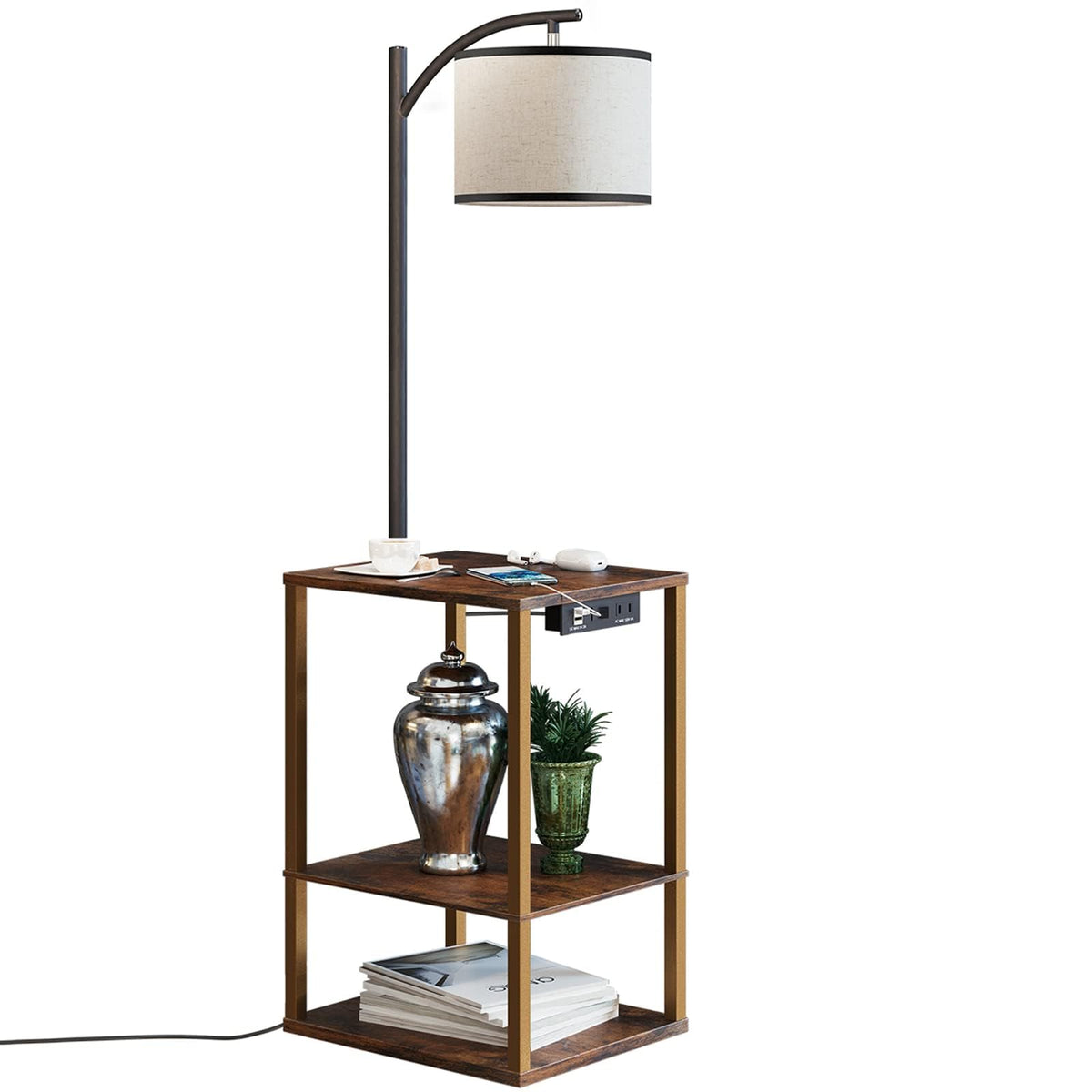 SUNMORY Floor Lamp with Table, End Table with Lamp, Shelves, Charging ...