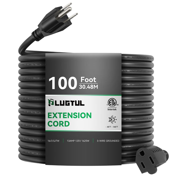 PLUGTUL 100 FT Outdoor Extension Cord Waterproof 16/3 Black Heavy Duty ...