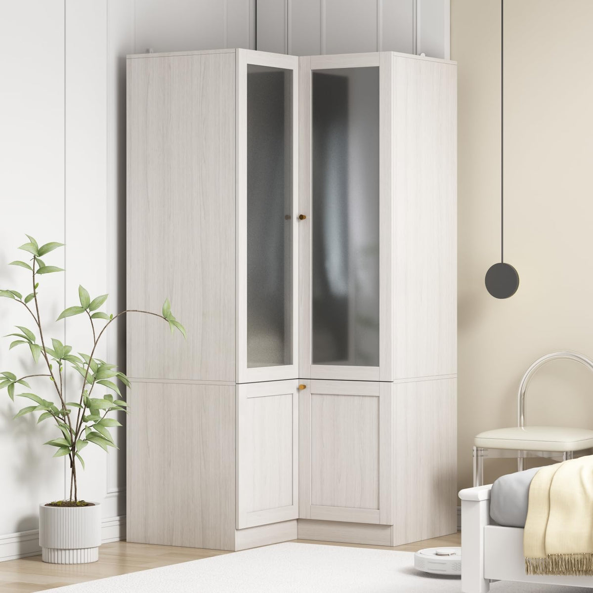 Hitow Corner Wardrobe Cabinet, Wooden Armoire Closet with Frosted Glas ...