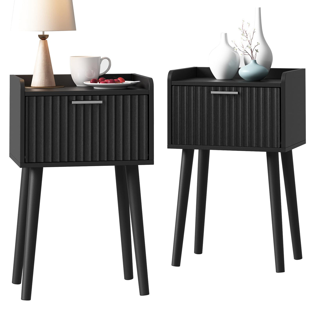 LAATOOREE Nightstand Set of 2, Small Bed Side Table with Fluted Door ...