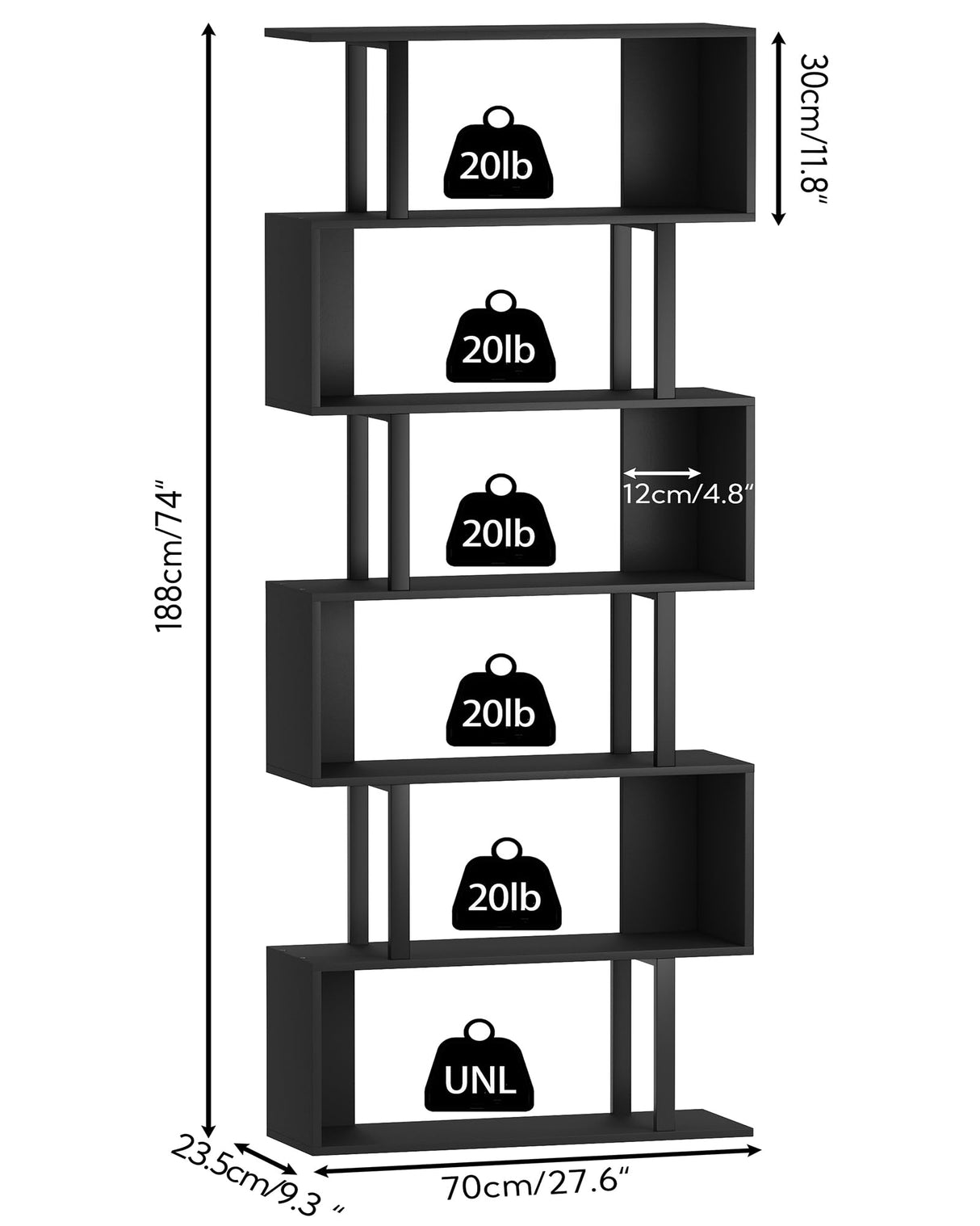 Yusong S Shaped Bookshelf, Modern Geometric Bookcase, 6-Tier Black Dis ...
