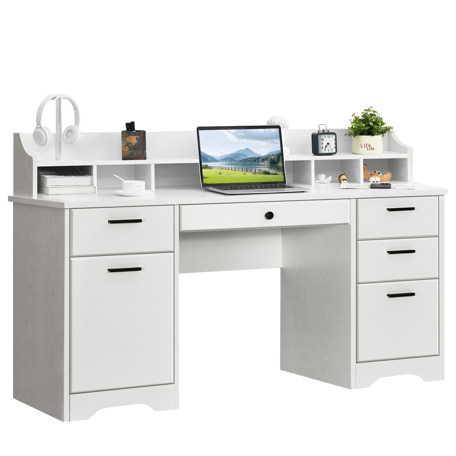 MaverickFurni White Desk with 6 Drawers, 58 Inch Executive Desk with 2 ...