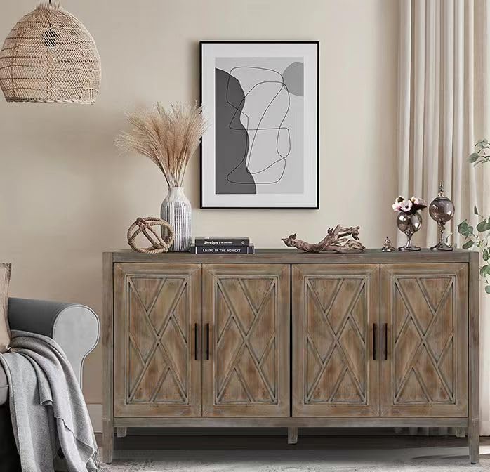 LUMISOL Sideboard Buffet Cabinet, Solid Wood Storage Sideboard with 4 ...