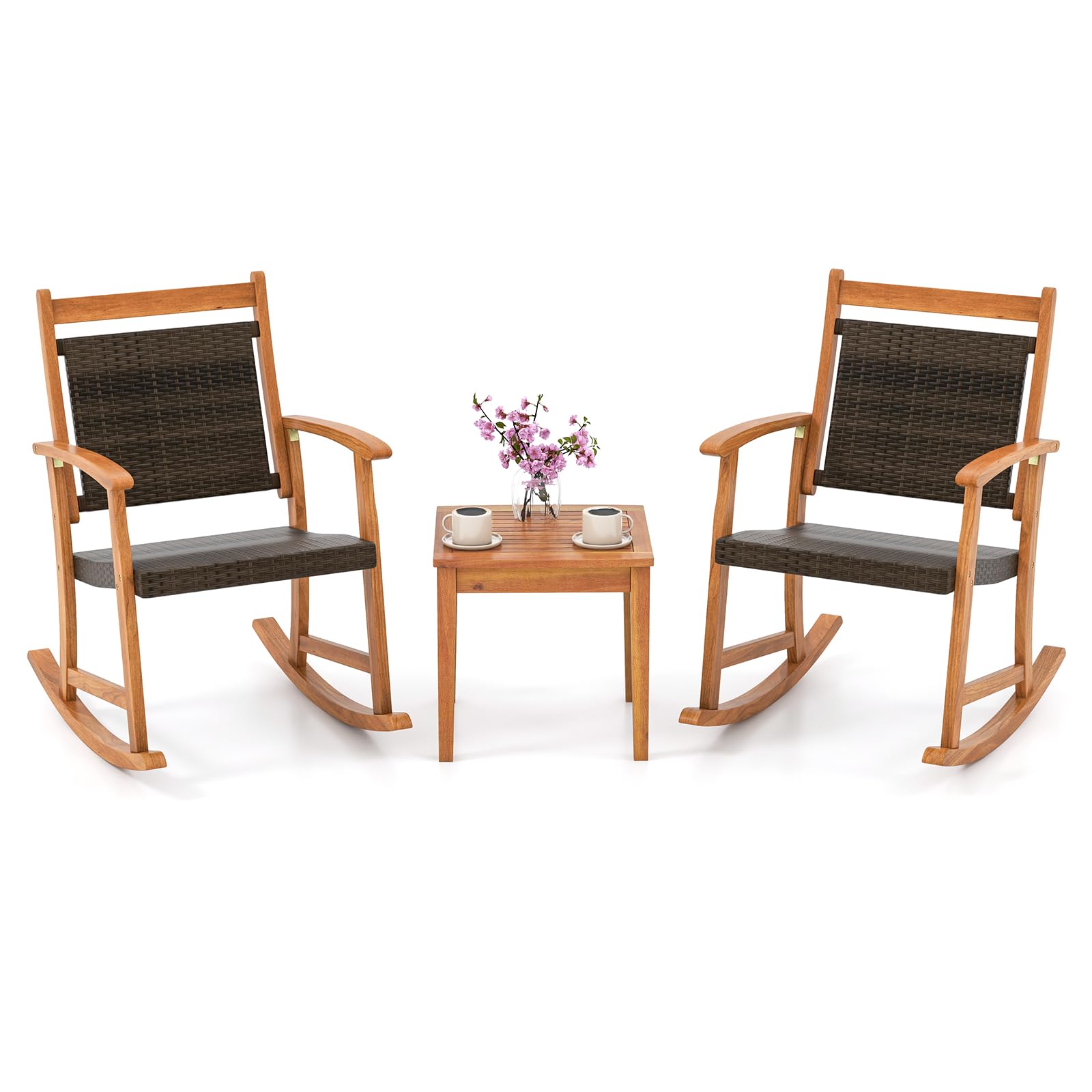 Tangkula 3 Pieces Patio Rocking Chair Set, Patiojoy Acacia Wood Rocker ...