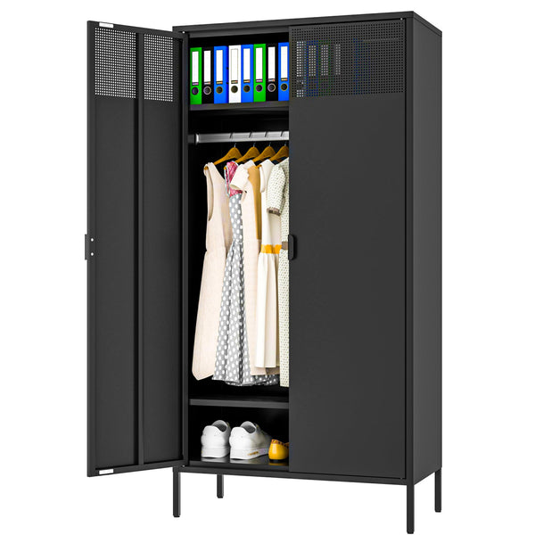 Ustamio 71 Inches Black Metal Wardrobe Cabinet with Hanging Rod, Metal ...