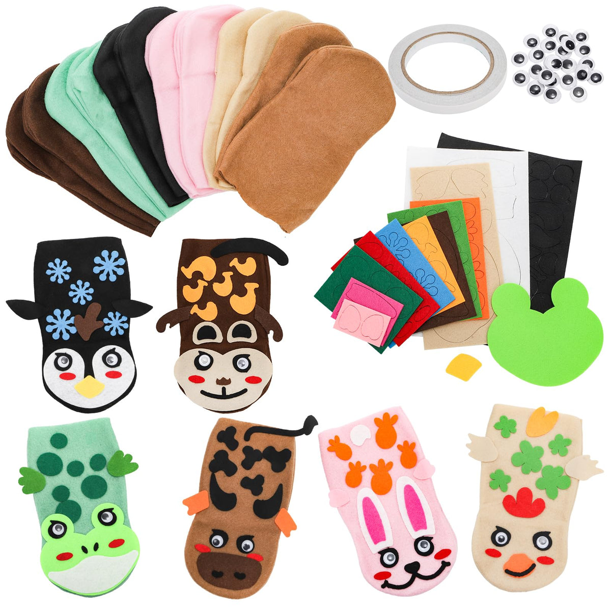 Jucoan 12 Pack Hand Puppet Making Kits for Kids, Felt Animals Sock Pup ...