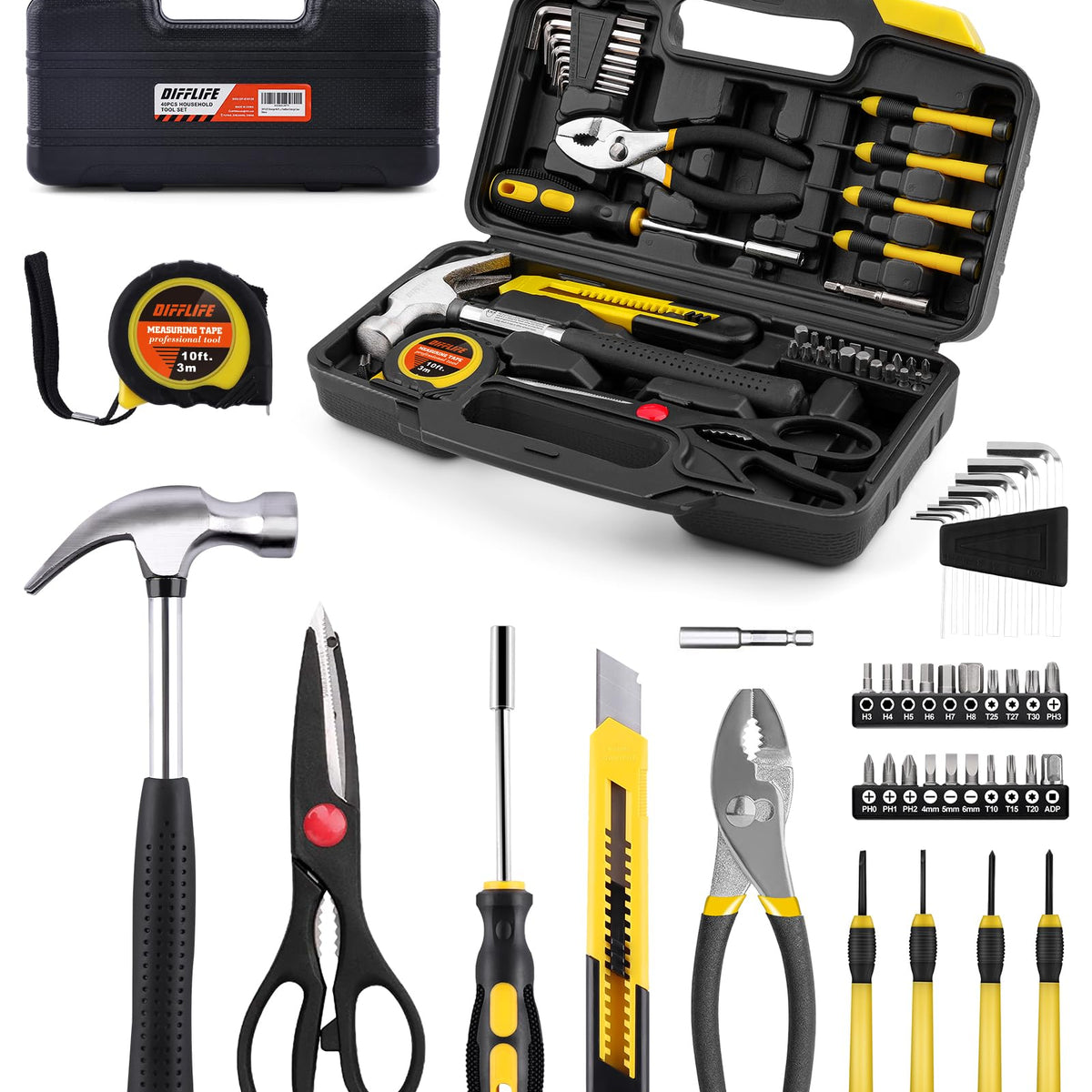 DIFFLIFE 40-Piece Tool Set - General Household Hand Tool Kit with Plas ...