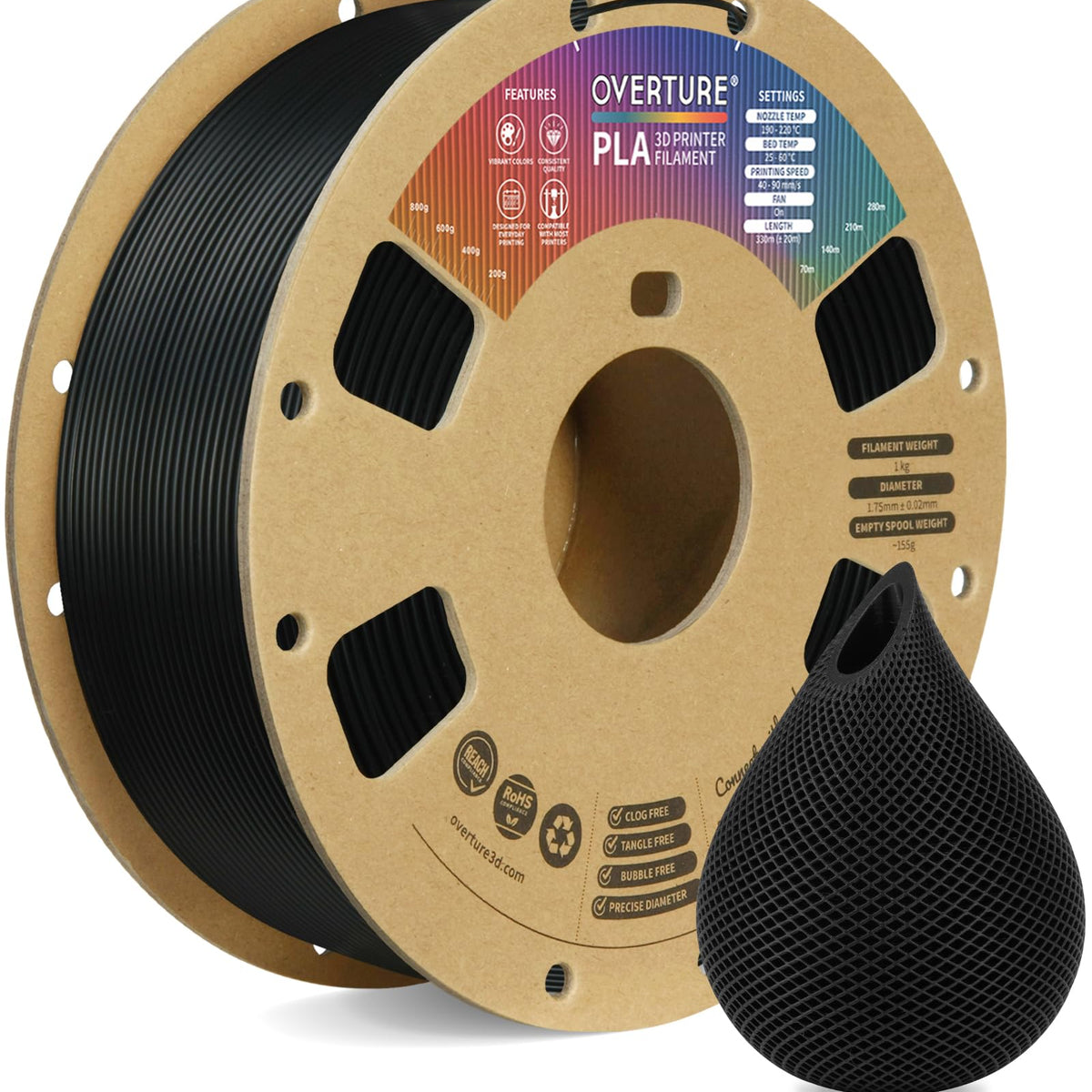 OVERTURE PLA Filament 1.75mm PLA 3D Printer Filament, 1kg Cardboard Sp ...