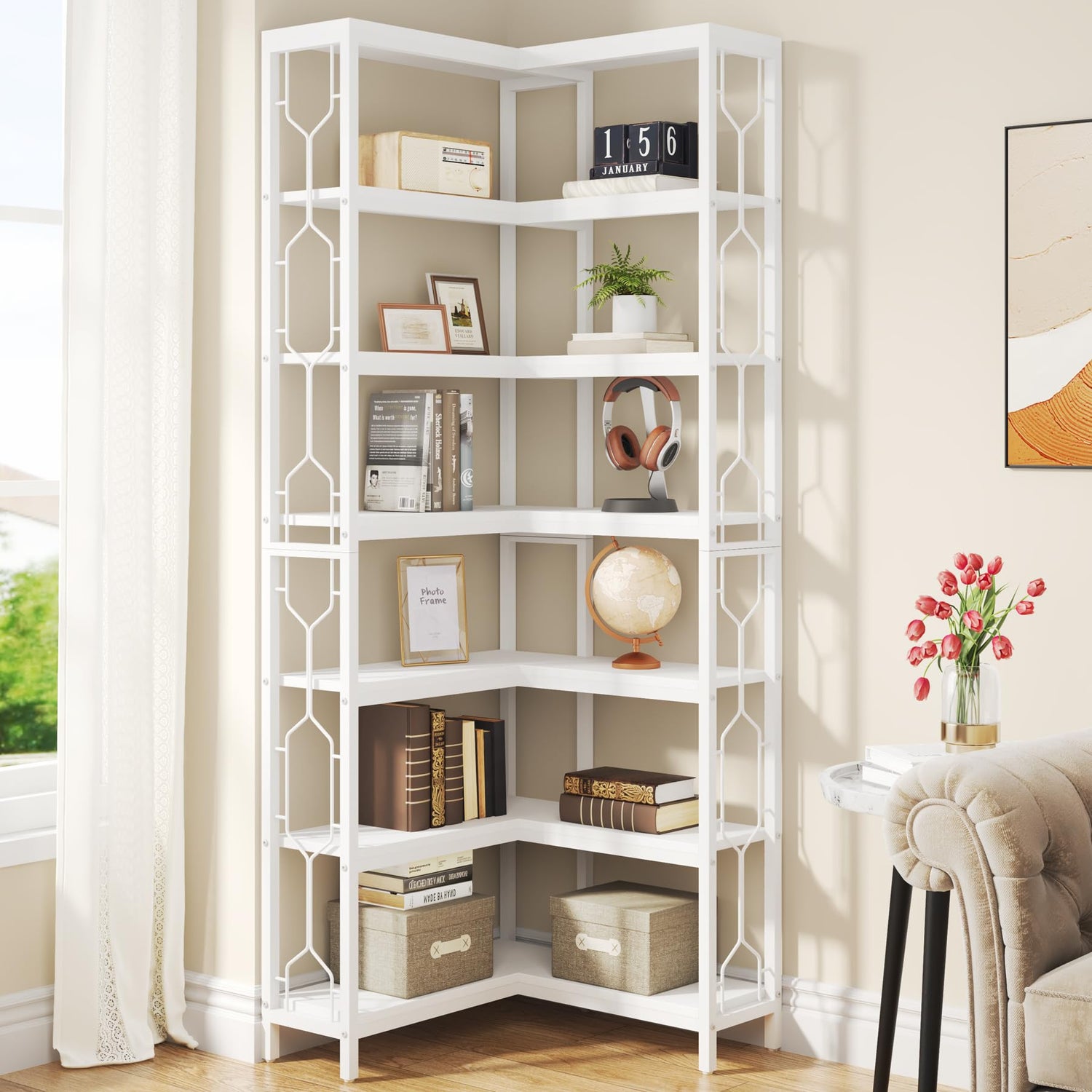 Tribesigns 7-Tier White Industrial Corner Bookshelf - Freestanding Eta ...