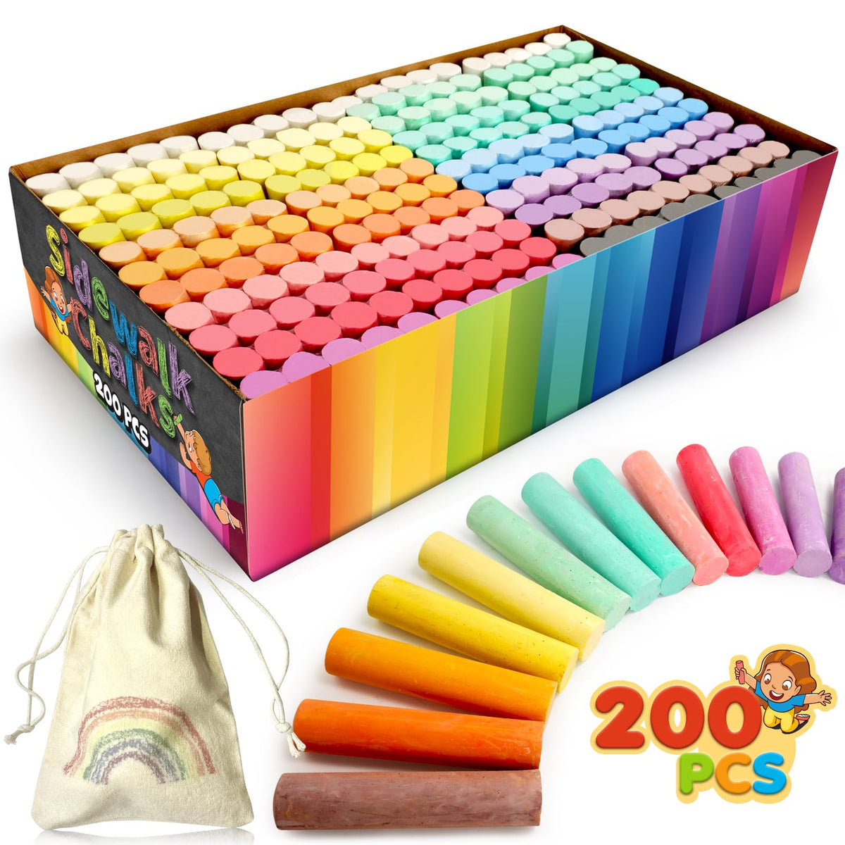 200PCS Washable Sidewalk Chalks Set in 20 Colors: Jumbo Drawing Chalk ...