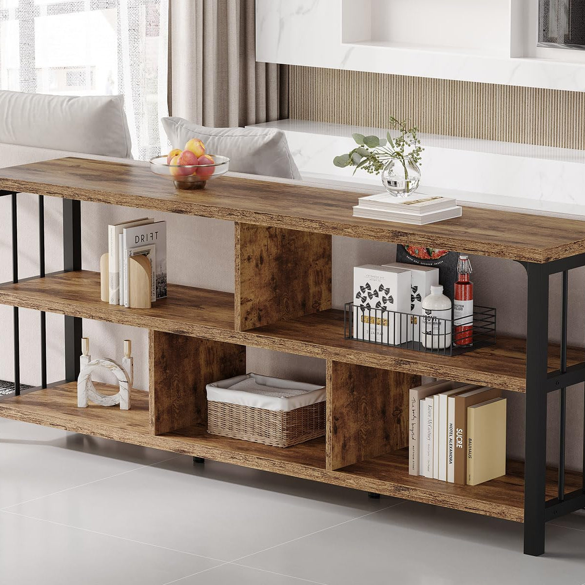 IBF Bookshelf, Farmhouse 63” Long Open Book Shelf, Wood Metal 5 Cube B ...