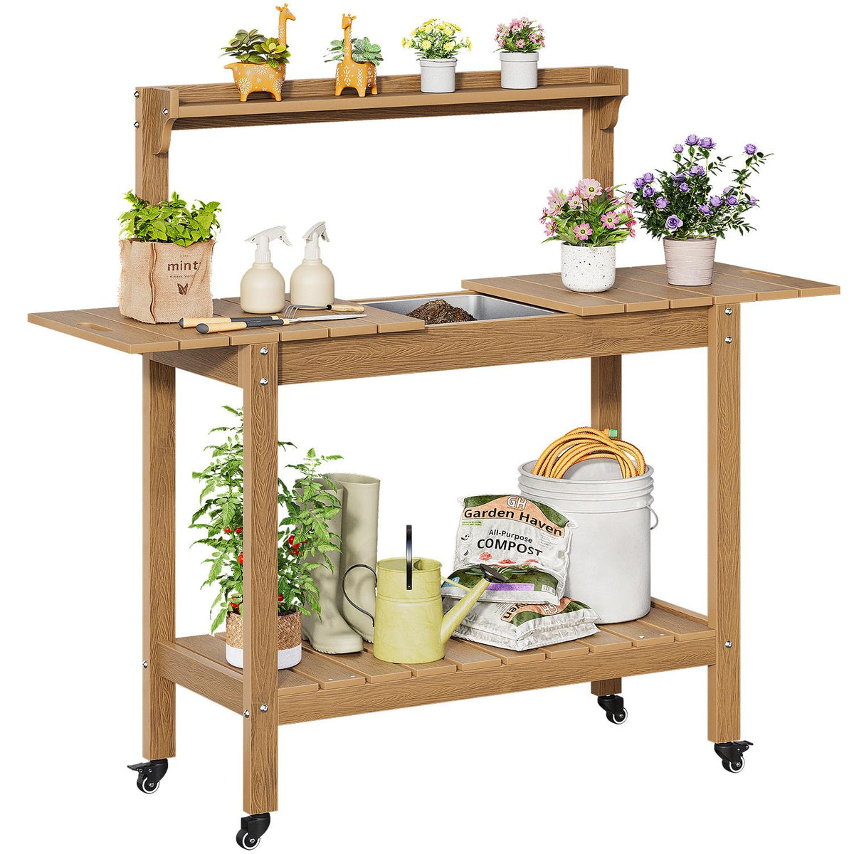 HDPS Outdoor Potting Bench with Sliding Tabletop/ 4 Wheels/Removable S ...
