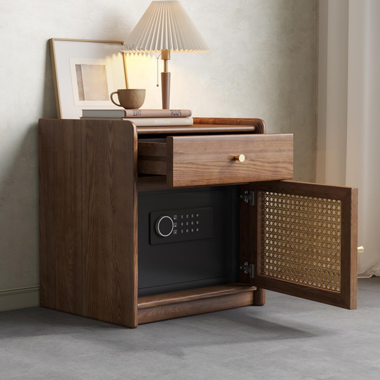 ETACHI Stylish Nightstand Side Table with Hidden Safe, Ash Wood Bedside ...