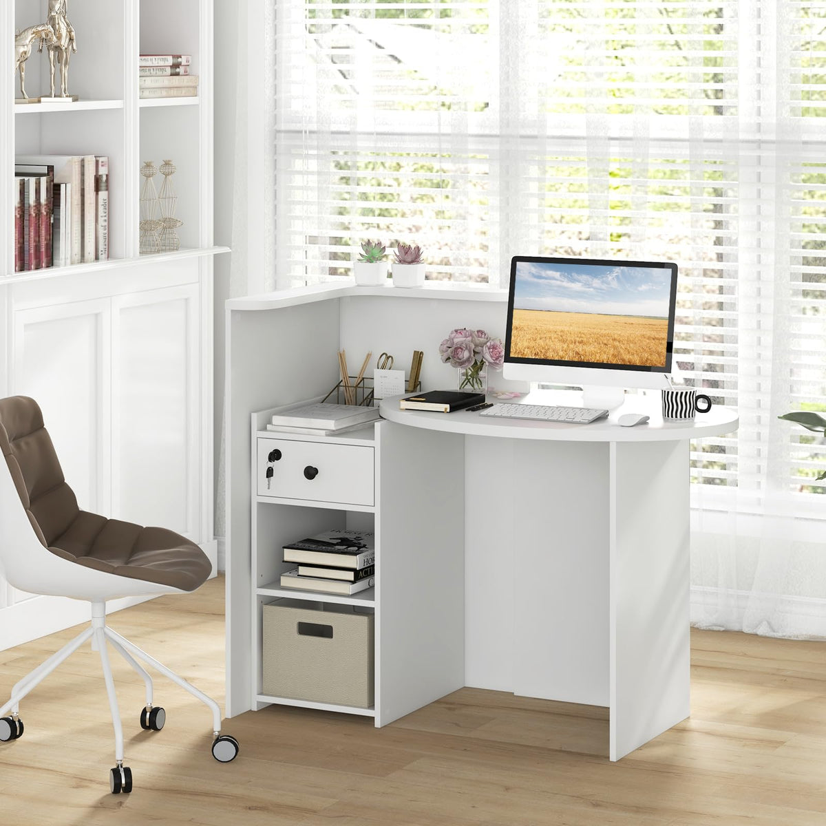 MAT EXPERT Reception Desk, Front Desk with Open Shelves, Lockable Draw ...
