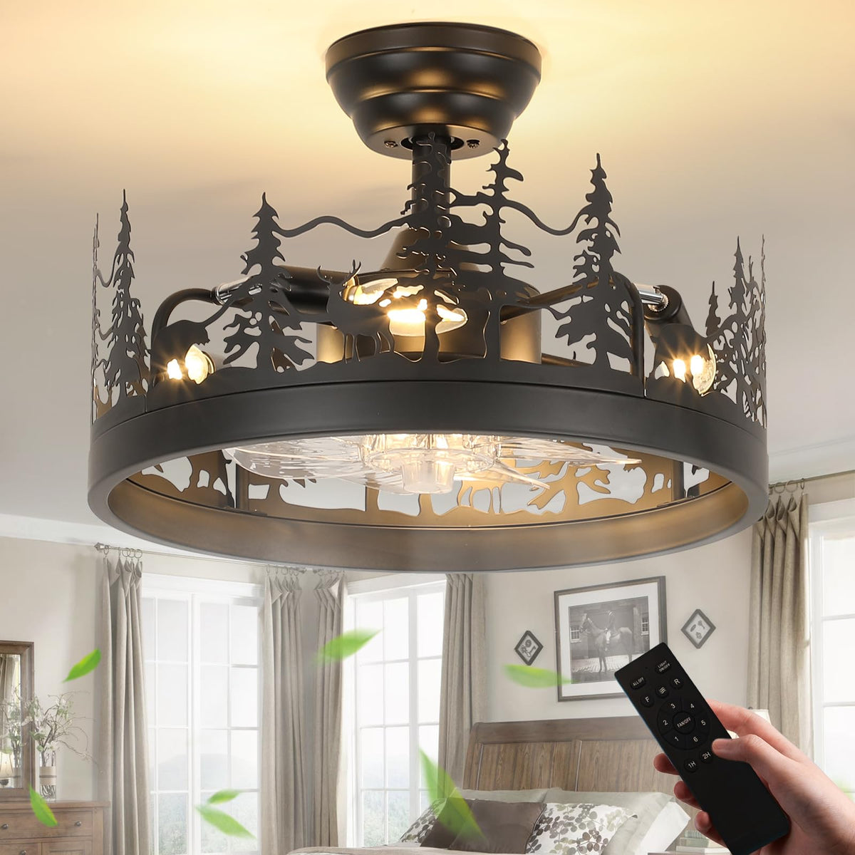 Farmhouse Rustic Ceiling Fan with Light and Remote, Black Chandelier F ...
