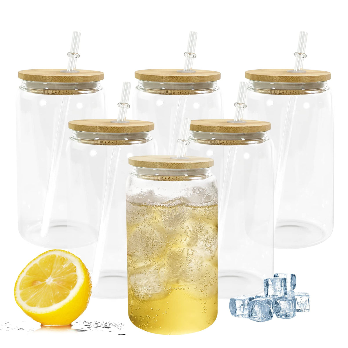 AGH 12 Pack 16oz Clear Sublimation Glass Blanks with Bamboo Lid, Subli ...