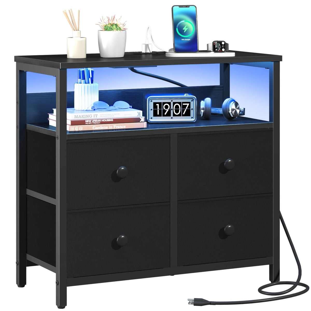 Yoobure Night Stand with Charge Station, Nightstand with 4 Drawers Bed ...