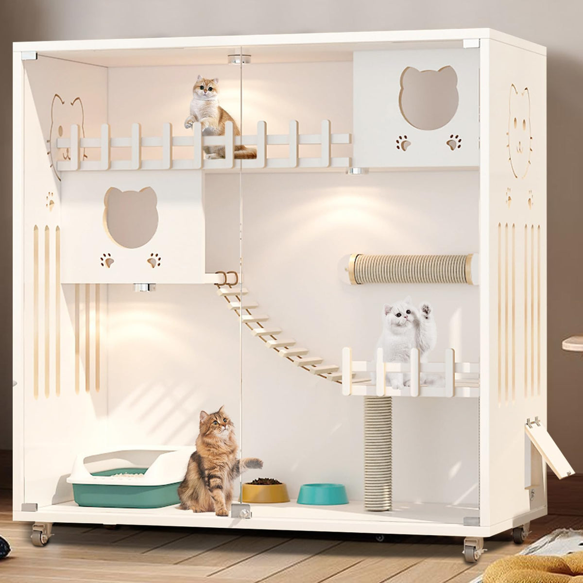 Enclosed Cat Condo, Large Space Cat Cage with Scratching Post, Wooden ...