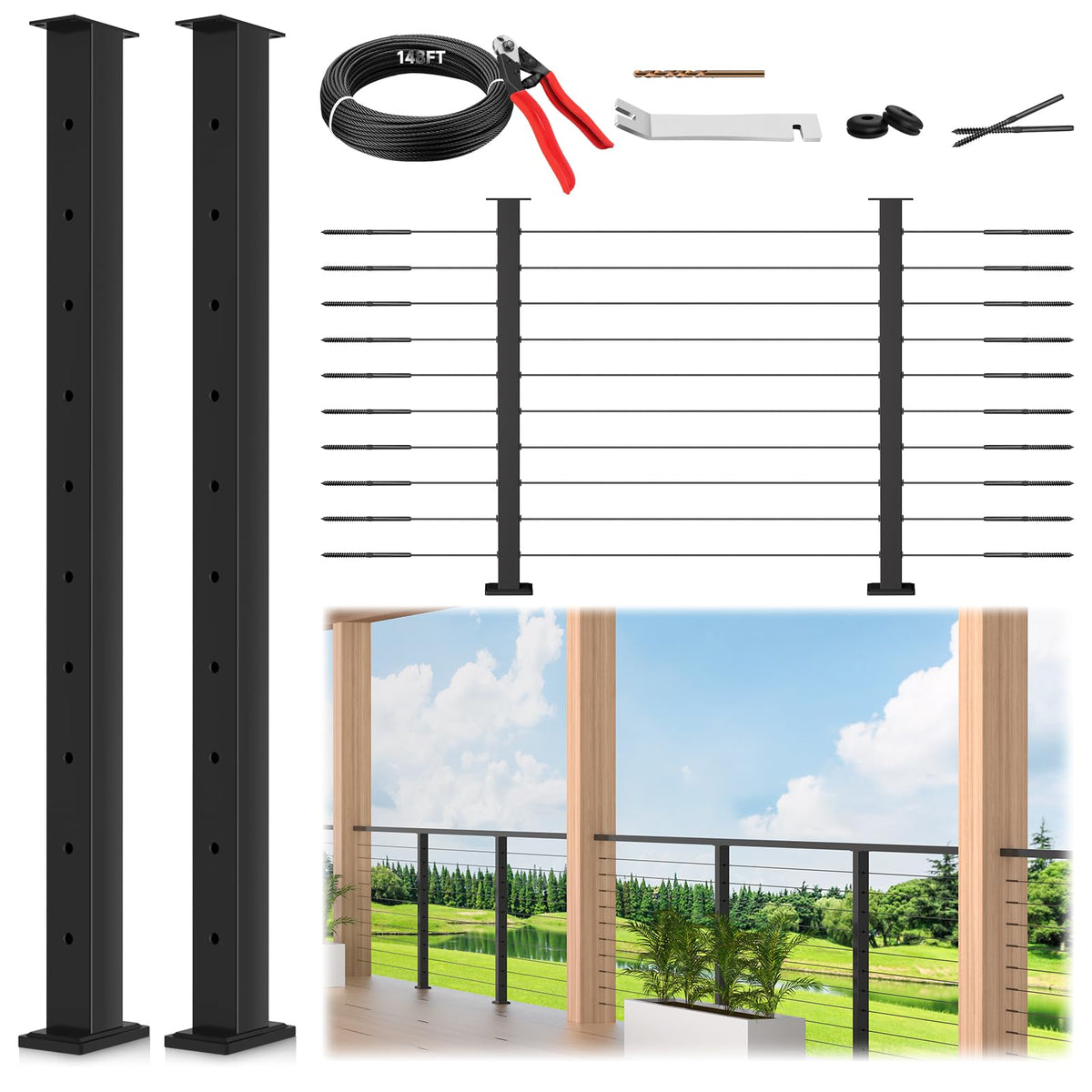 Gyykzz 2 Pack Porch Cable Railing Post Kits with Handed Thread Swage L ...