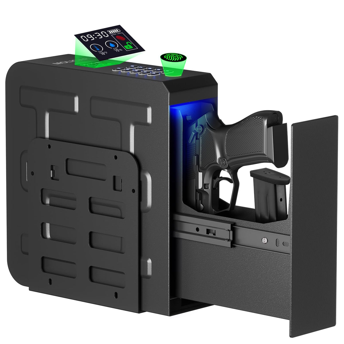 MOLICAR Biometric Slider Pistol Safe with LCD of Temp Humidity Battery ...