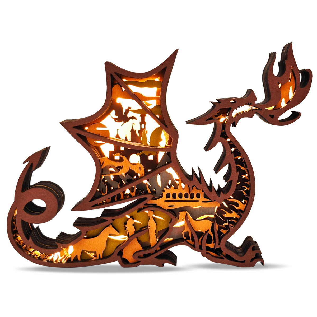 3D Wooden Animals Carving LED Night Light, Dragon Decor Wood Carved La ...