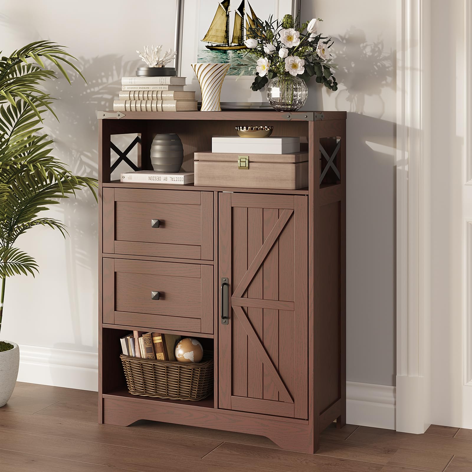 Fameill Farmhouse Storage Cabinet with 2 Drawers&Shelves,Freestanding ...
