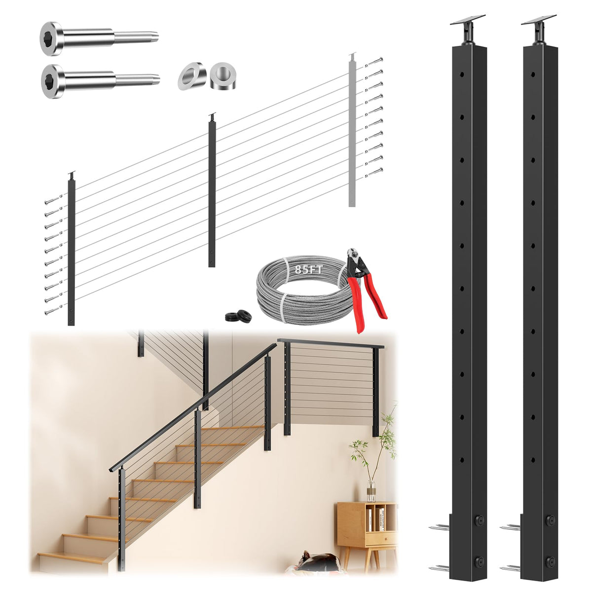 Gyykzz 2 Pack Complete Set Side Mount Stair Cable Railing Post Kits 36 ...