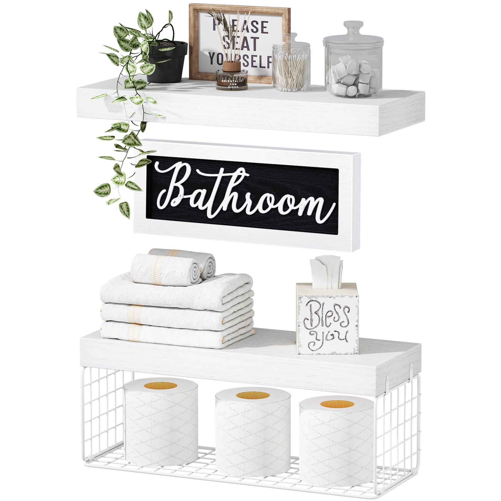 QEEIG ‎Bathroom Shelves Over Toilet Paper Storage Wall Mounted Farmhouse Decor Decorations ...
