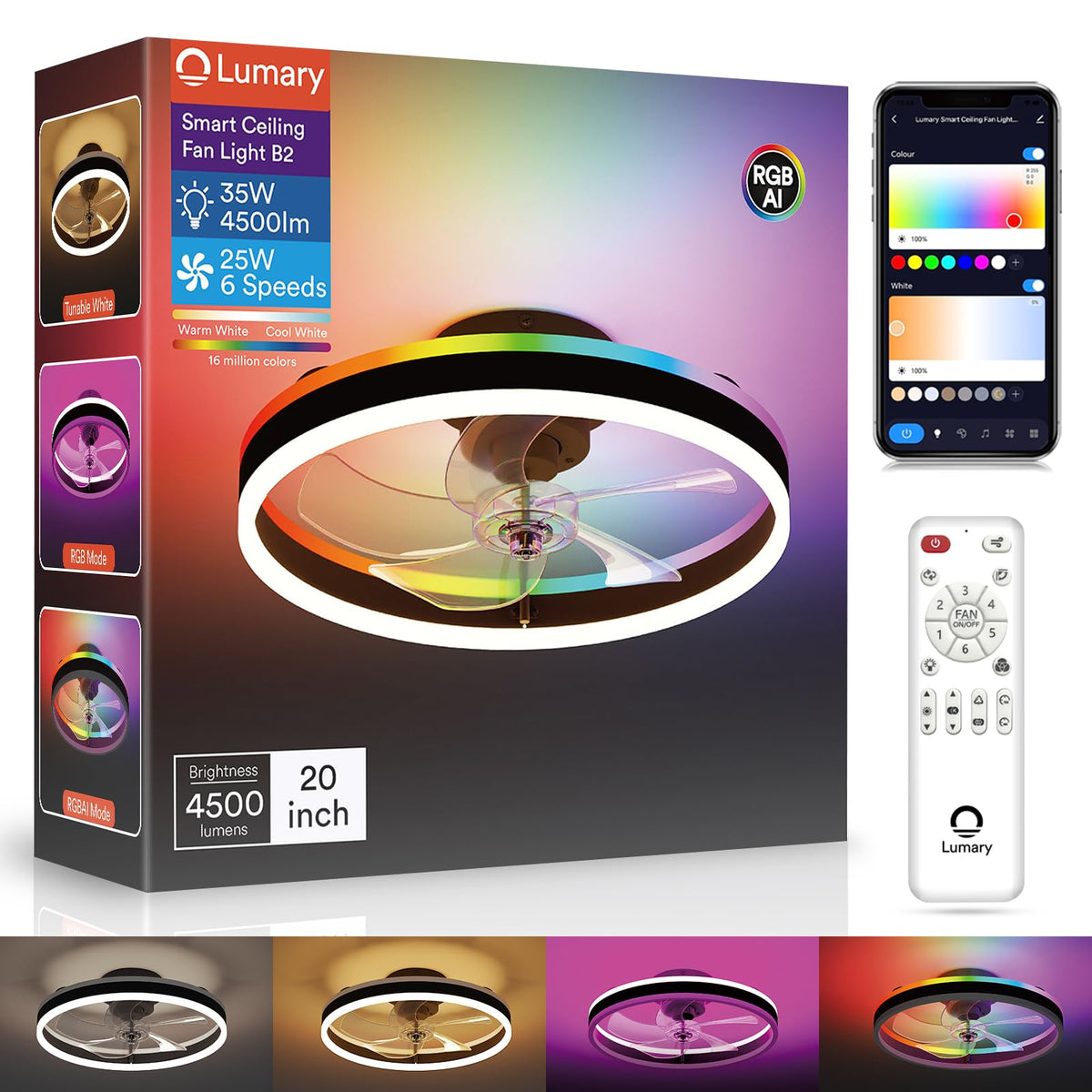 Lumary Smart WiFi Ceiling Fans with Lights, RGBAI Flush Mount Ceiling ...